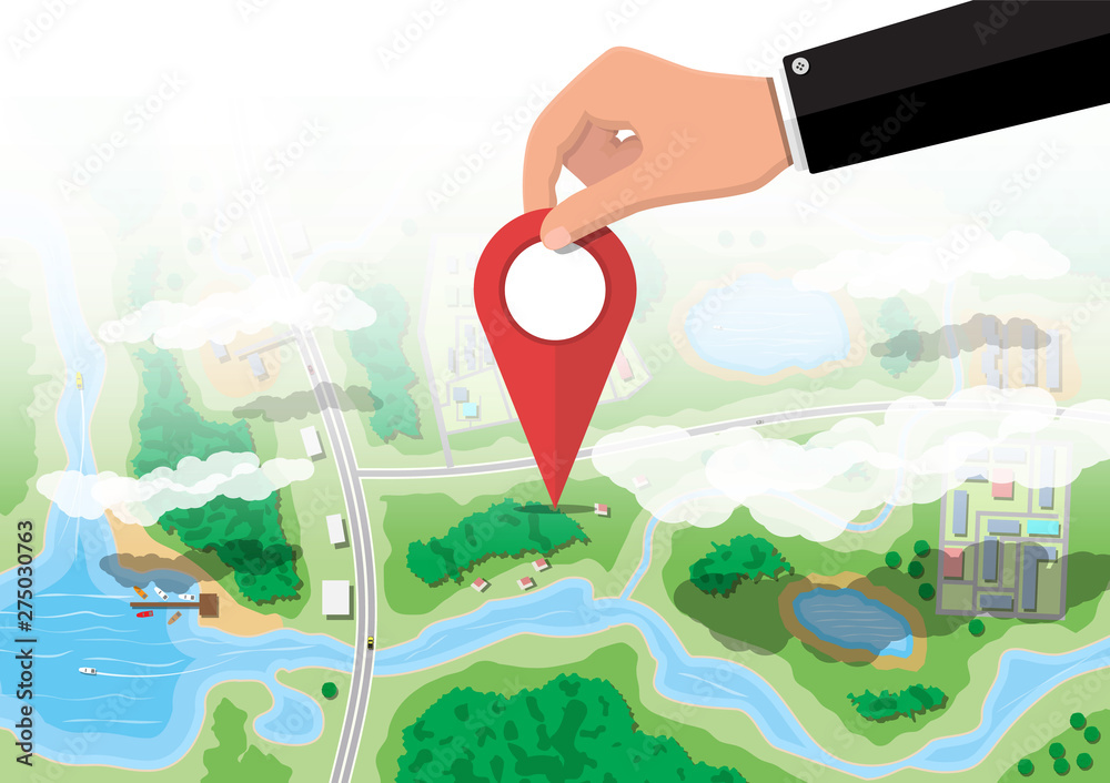 Location pin in hand. Suburban map with houses with car, boats, trees ...