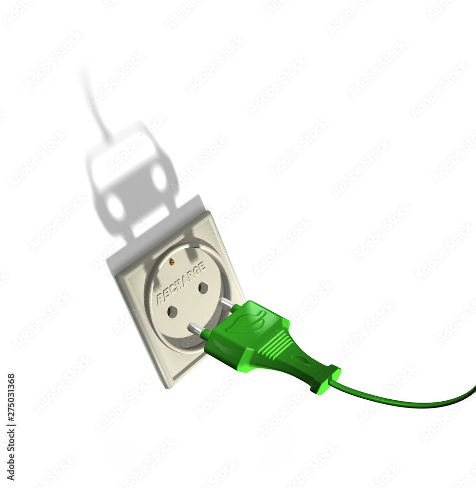 A green electric power cord being inserted in a wall outlet. Heavily ...