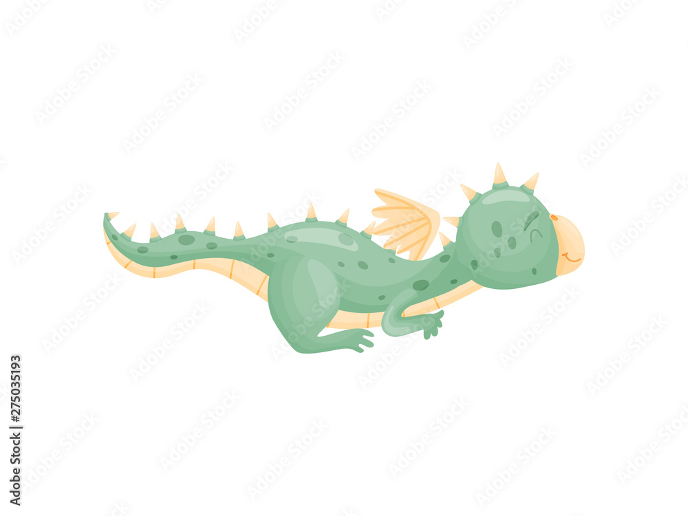 Cartoon green dragon is lying on his stomach. Vector illustration on ...
