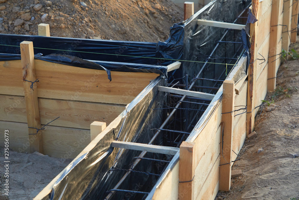 Wooden formwork concrete strip foundation for a cottage. Foundation ...