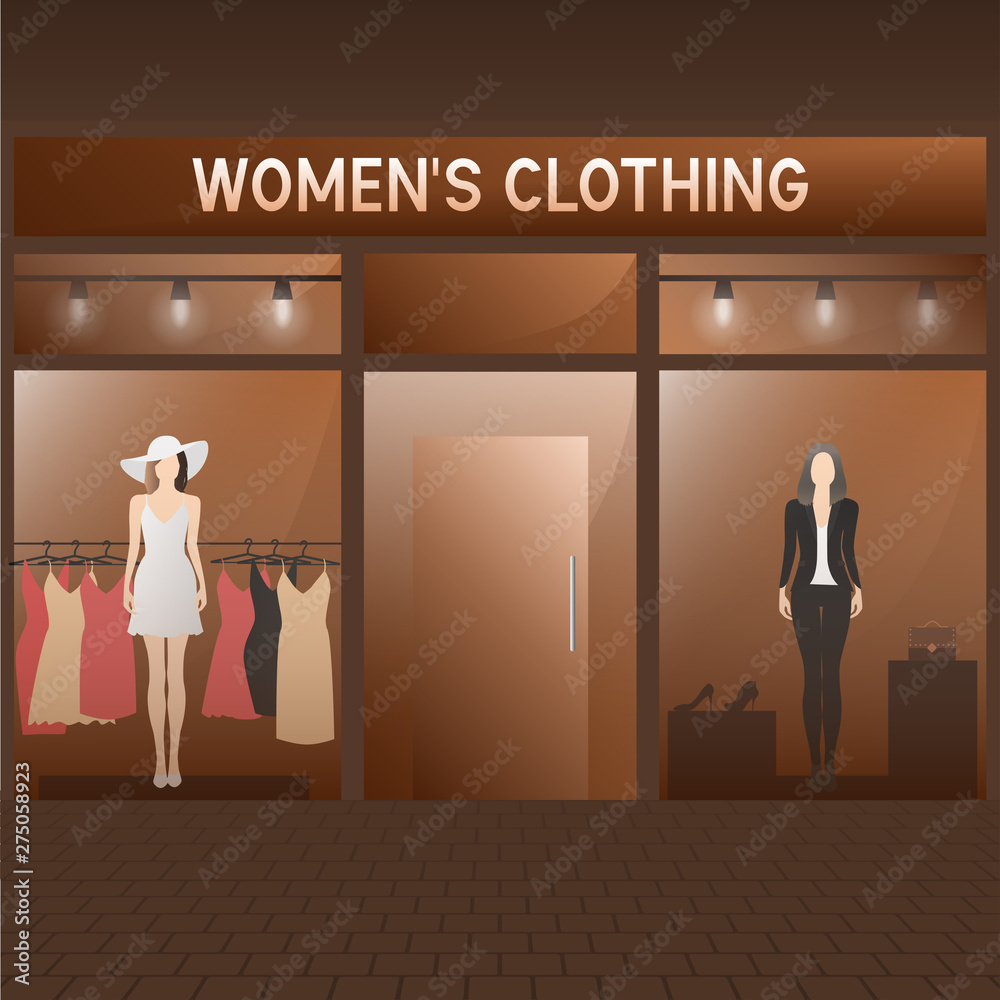 Vector clothing shop. Wardrobe and mannequin with woman clothes. Women ...