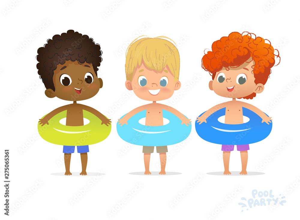 Multiracial Boys in inflatable circle. Kid Friend Relax at Summer ...