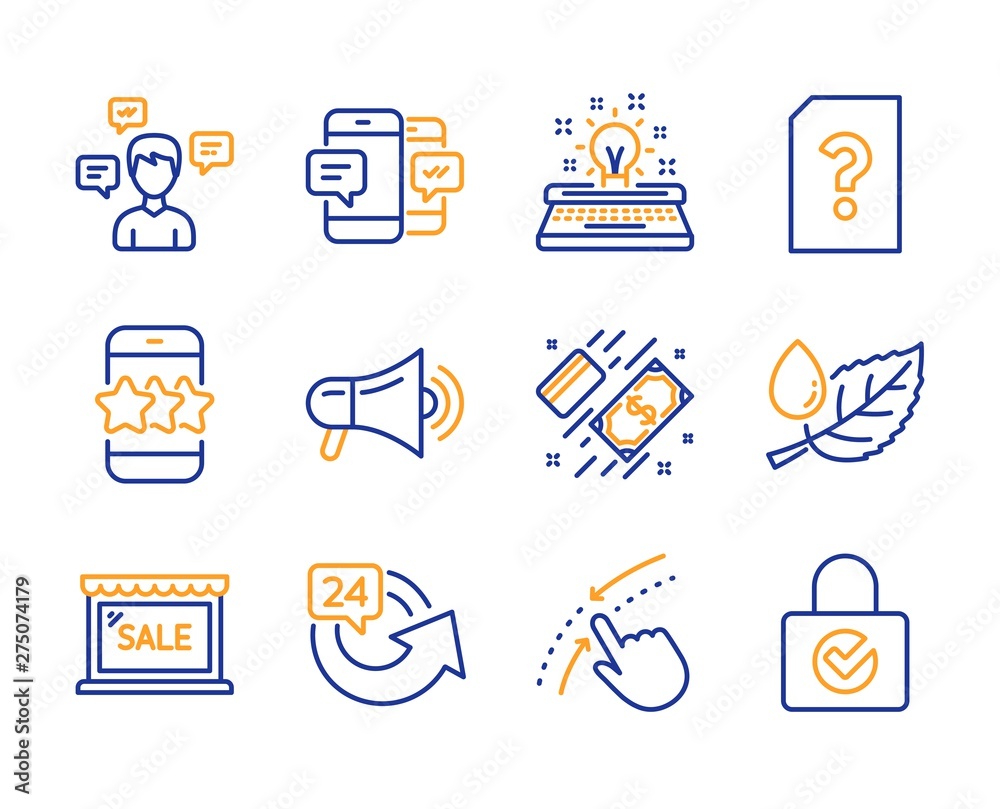 Typewriter, Smartphone sms and Leaf dew icons simple set. Star, Sale and Megaphone signs. Swipe ...