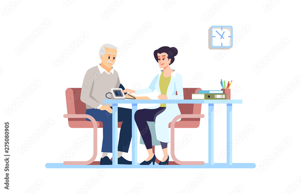 Doctor checking blood pressure flat vector illustration. Old patient ...