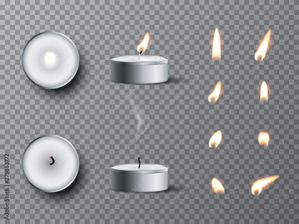 Vector realistic tea candle with fire, extinguished candle with smog ...
