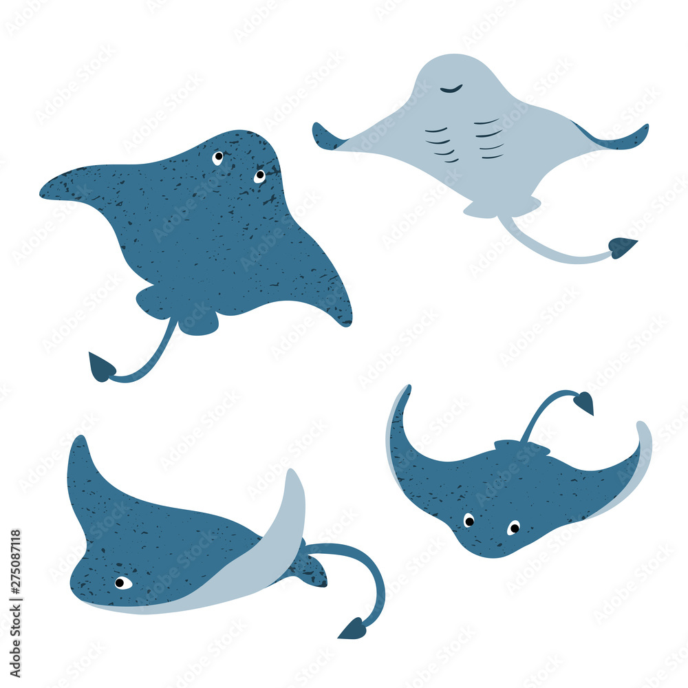 Set of cute cartoon stingrays. Vector illustration of manta ray. Stock ...