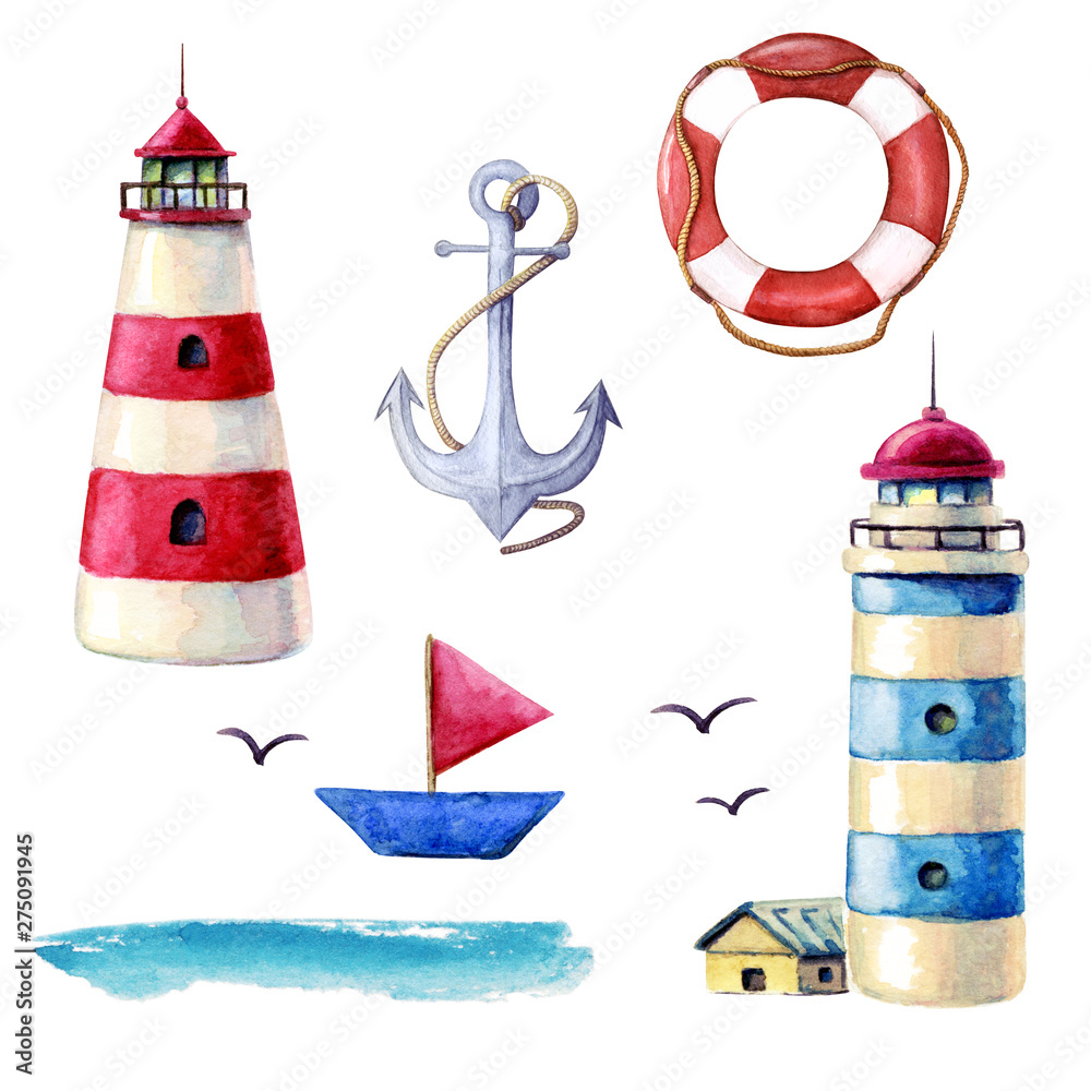 Watercolor nautical elements collection. Various lighthouses isolated ...