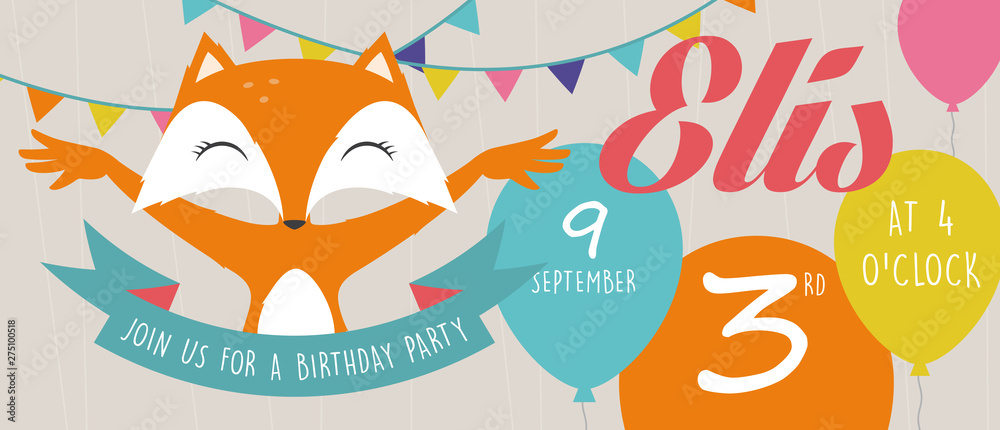 3rd birthday party invitation card with fox - Vector Stock Vector ...