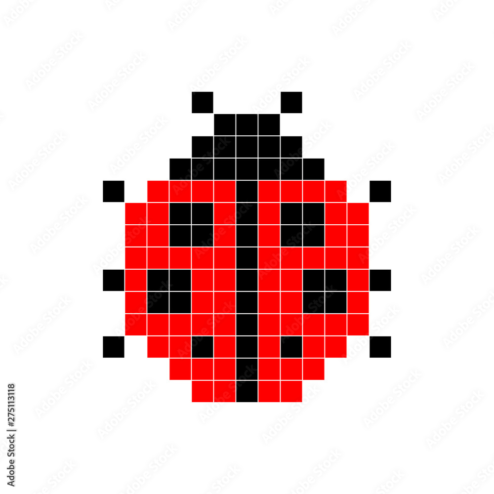 Ladybugs, pixel art, cartoon vector illustration. Retro game style ...