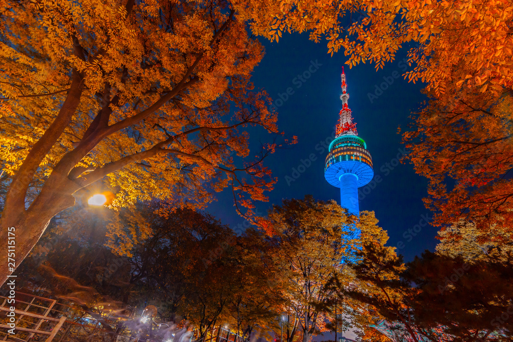 Fall color change in Seoul and N seoul tower in autumn at night, Seoul ...