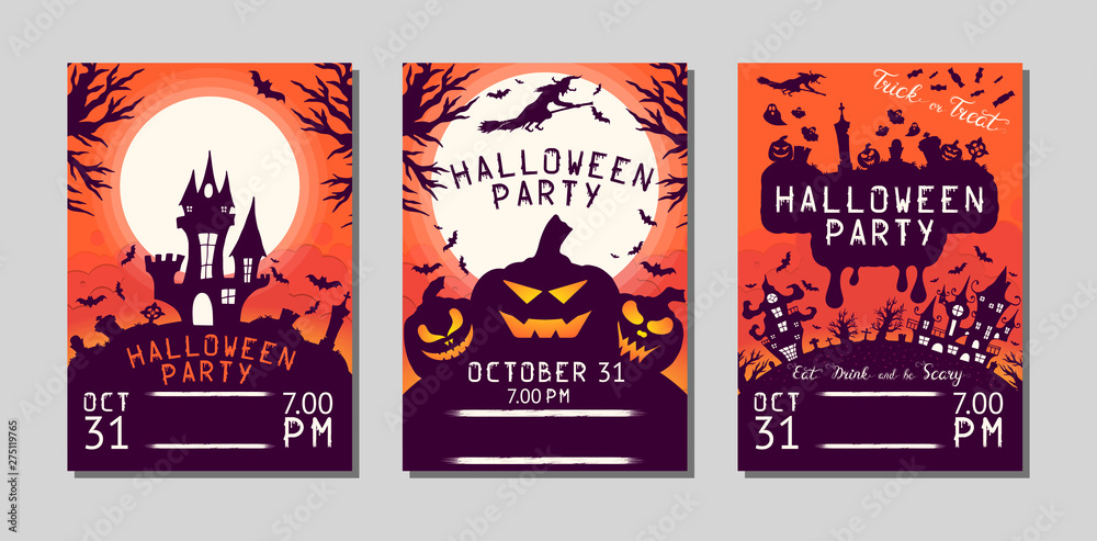 Halloween flyer with pumpkins, cemetery, haunted house, bats and witch ...