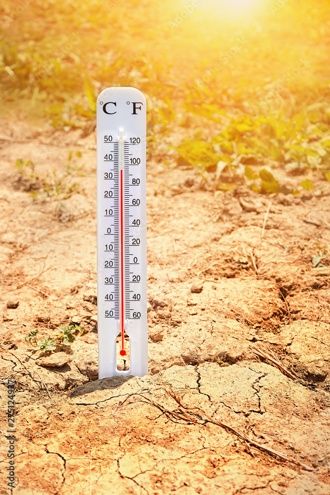 Thermometer on sandy soil and dry grass background. concept image for ...