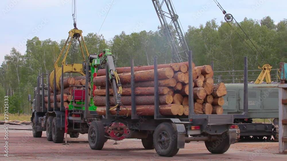 Unloading a log truck with a crane, unloading logs at a sawmill ...