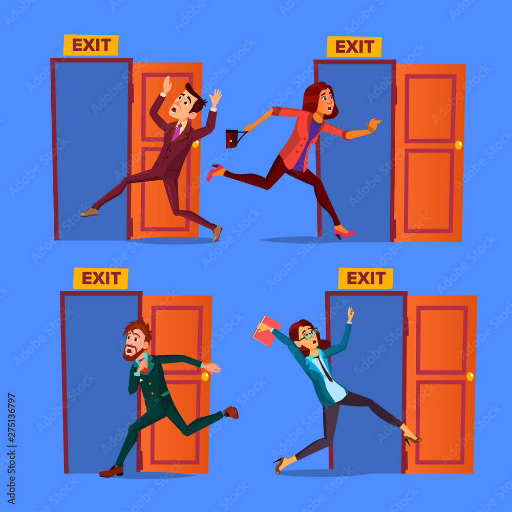 Character Evacuation To Open Door Exit Set Vector. Collection Of ...