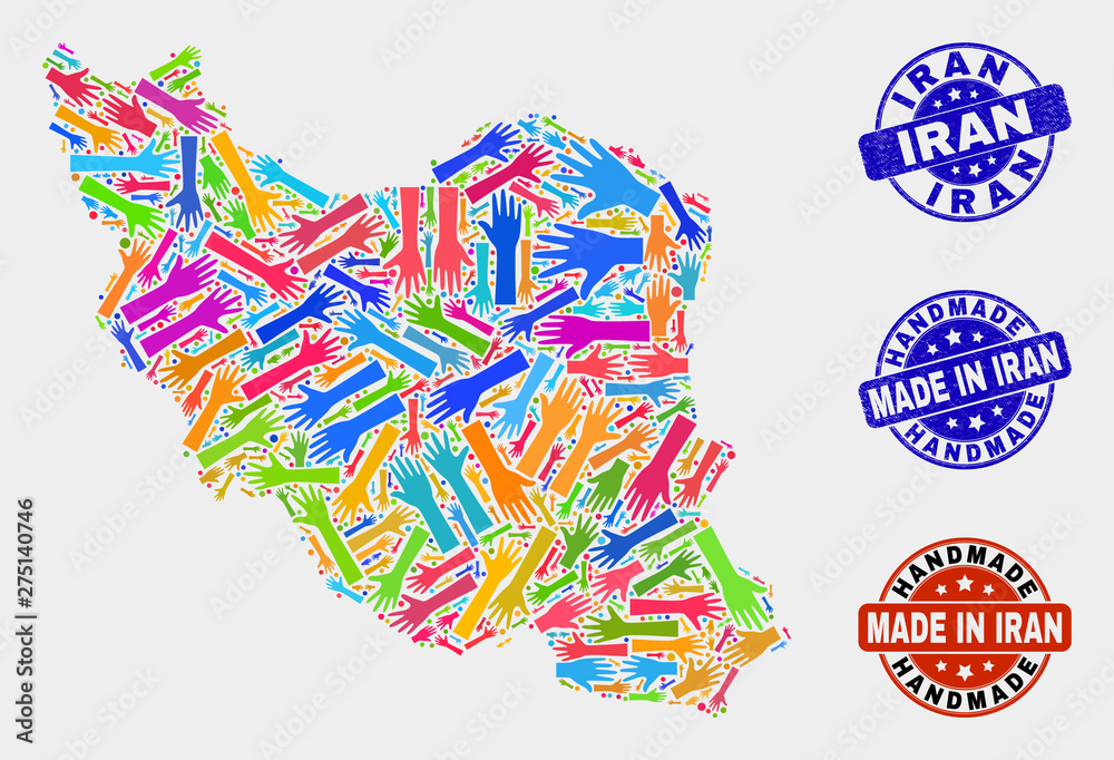Vector handmade collage of Iran map and rubber stamps. Mosaic Iran map ...
