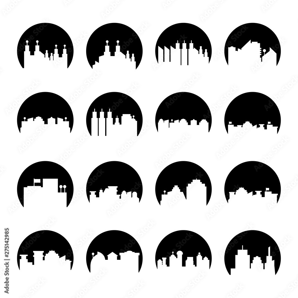 building, city skyline tower in circle shape vector set Stock Vector ...