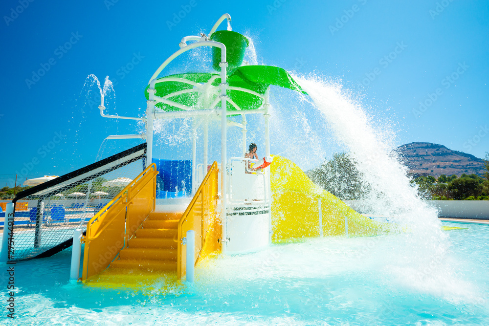 Children's water playgrounds and flip-flops with flowing, falling and ...