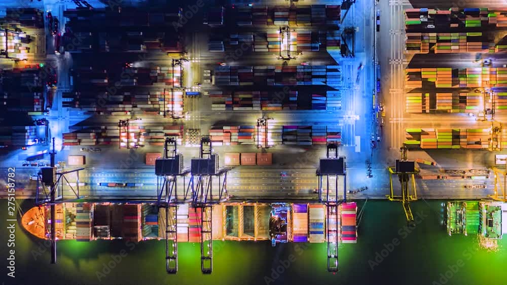 4K Time lapse industrial port with containers from top view or aerial ...