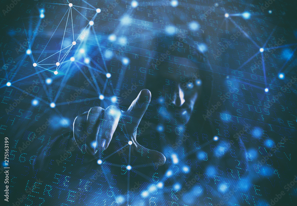 Concept of safety with hacker in a dark environment with digital and ...