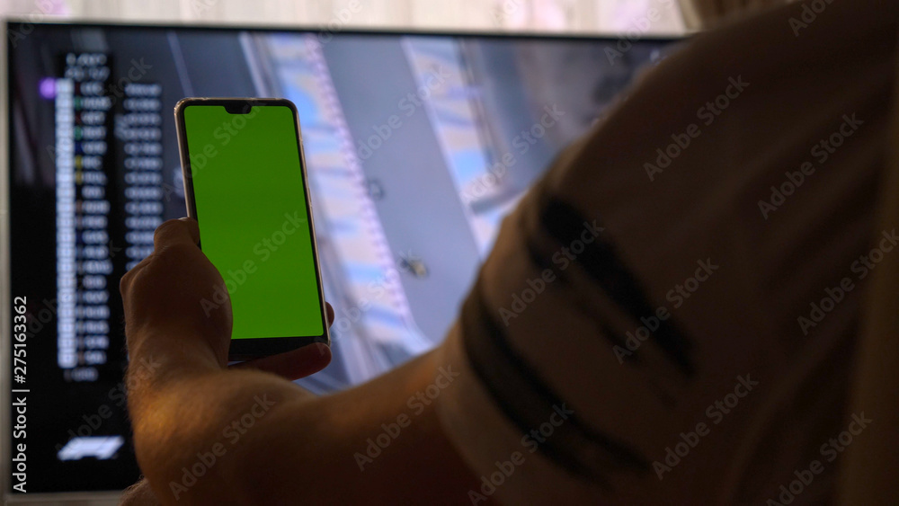 Mockup Green Screen Smartphone. Close Up. Chroma Key Image Of man's ...