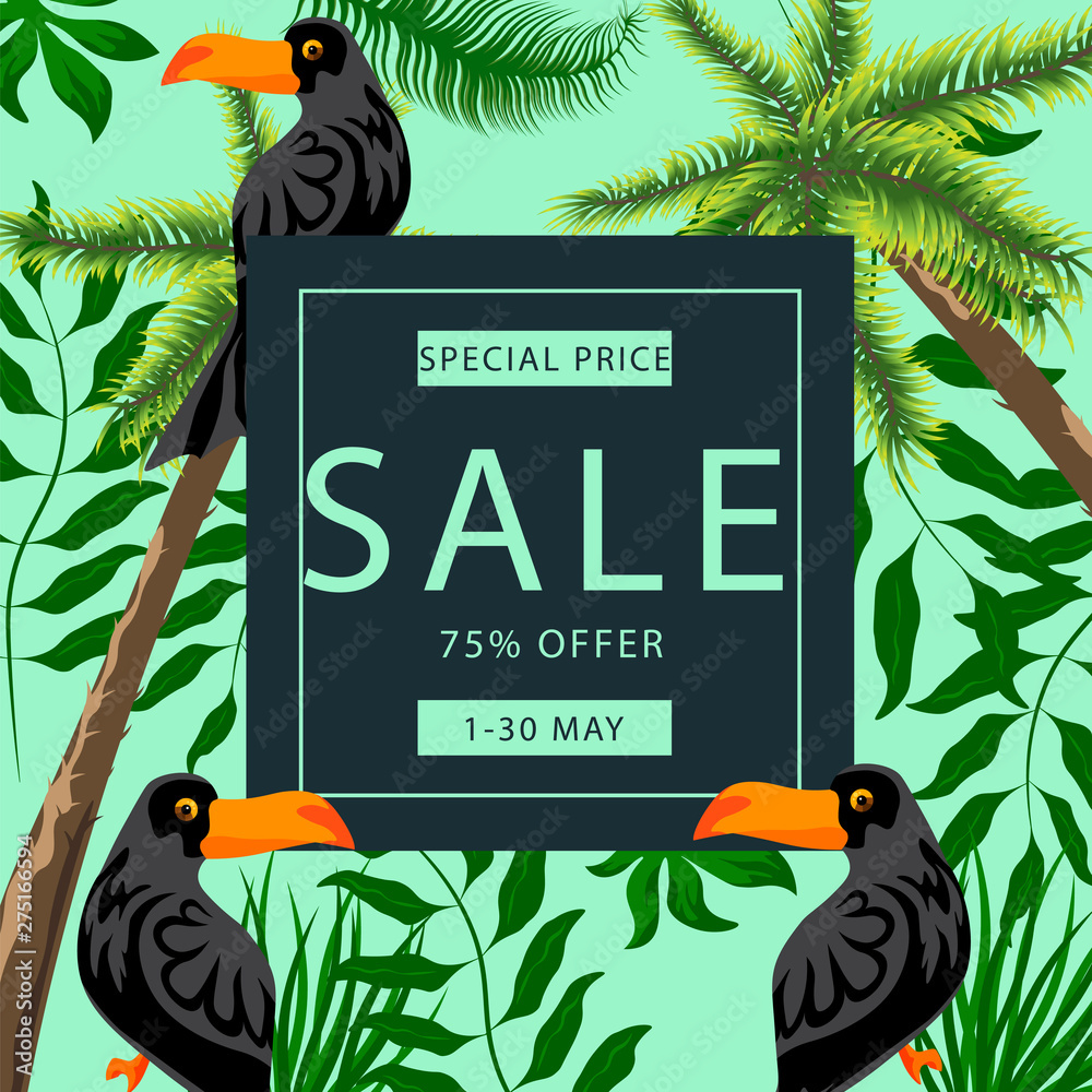 Vetor de Tropical parrot bird with palm tree. Sale banner template ...