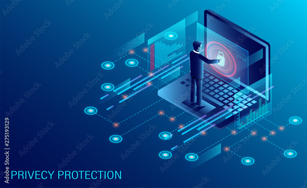 privacy protection concept. banner with businessman protect data and ...