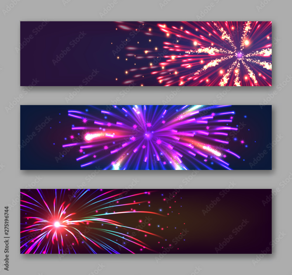 Independence day horizontal flyers with bursting fireworks. Festive ...