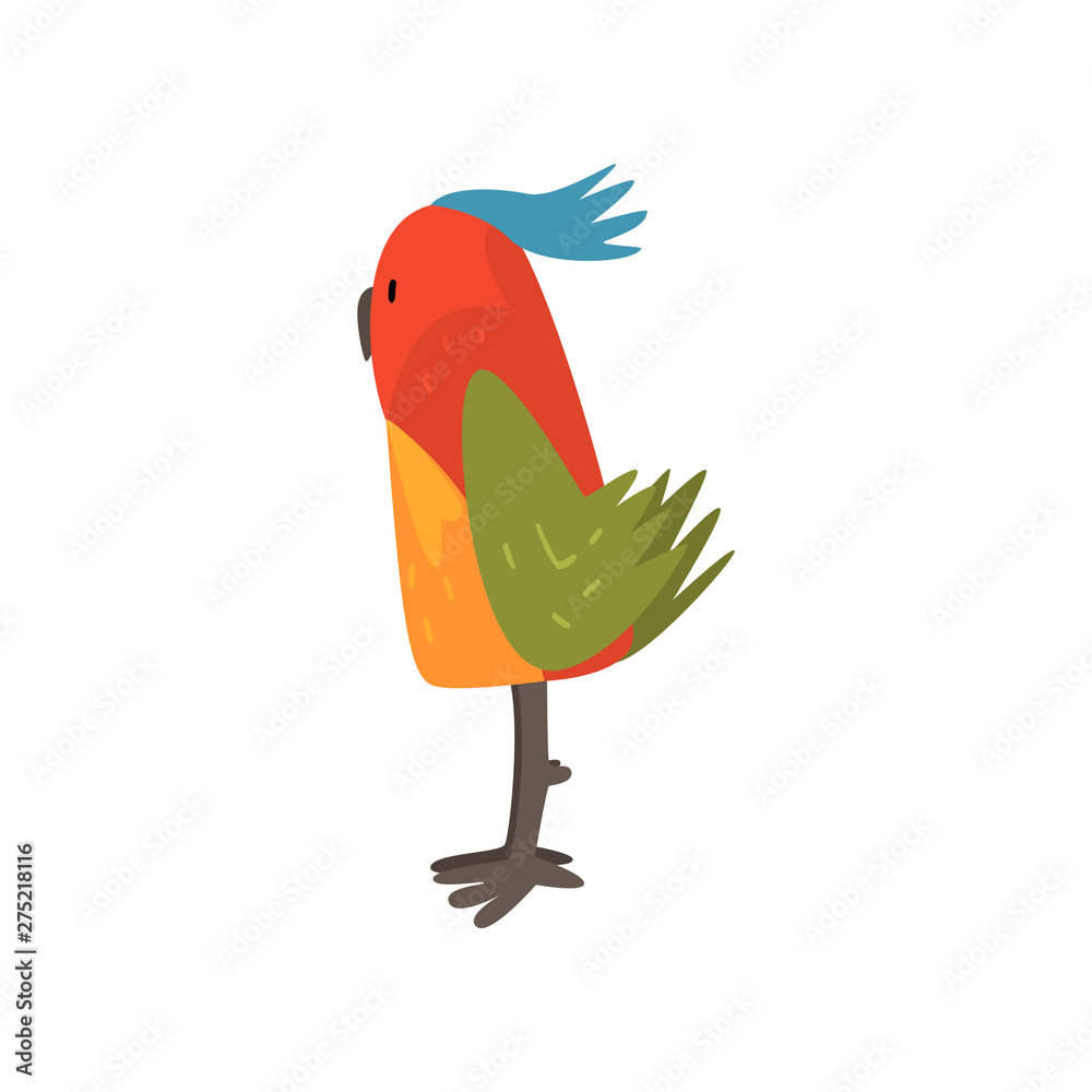 Cute Bird Cartoon Character with Bright Colorful Feathers and Tuft ...