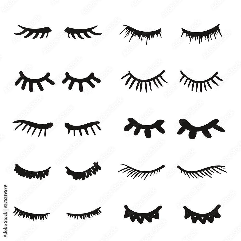 Eyelashes cartoon set. Cute closed doodle eyes. Pretty woman hand drawn ...