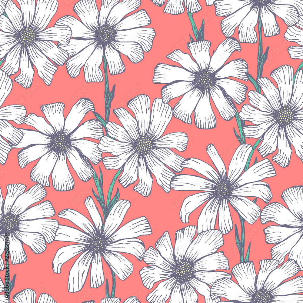 Pastel Pink Seamless Pattern With Mess Of White Chamomile Flowers