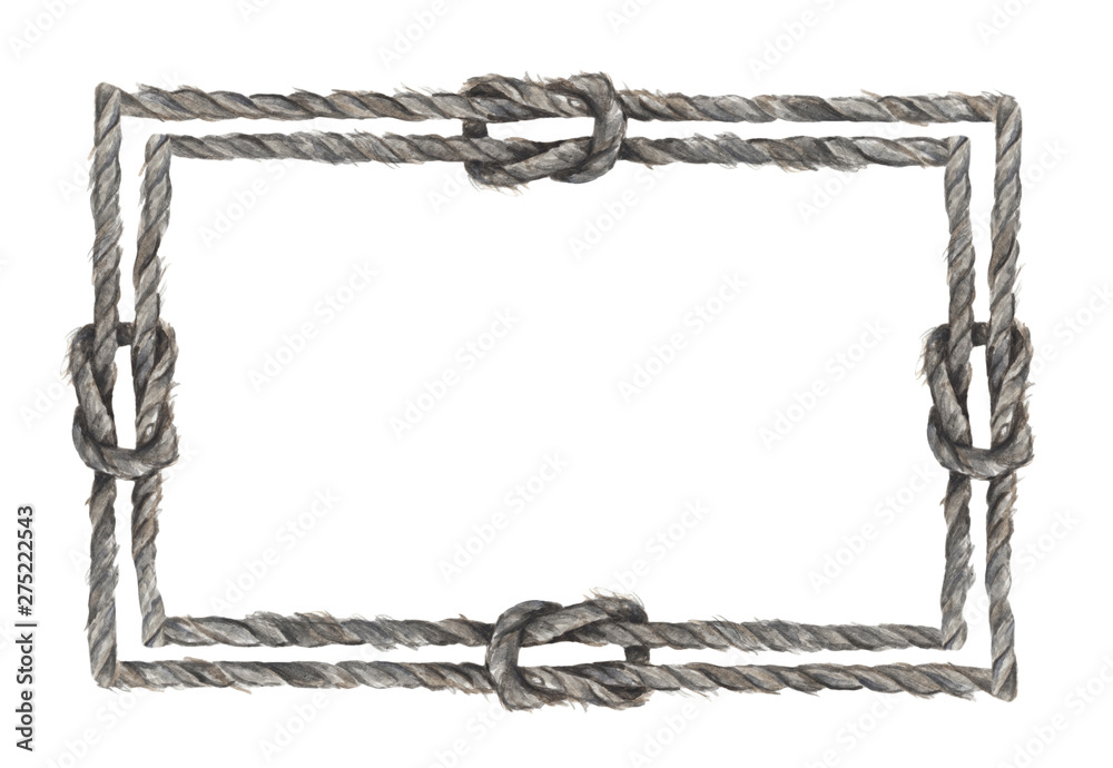 Watercolor painting of Gray rope frame with knots. Isolated on white ...