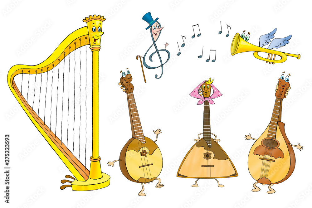 Set of funny musical instruments in cartoon style. Isolated on white ...