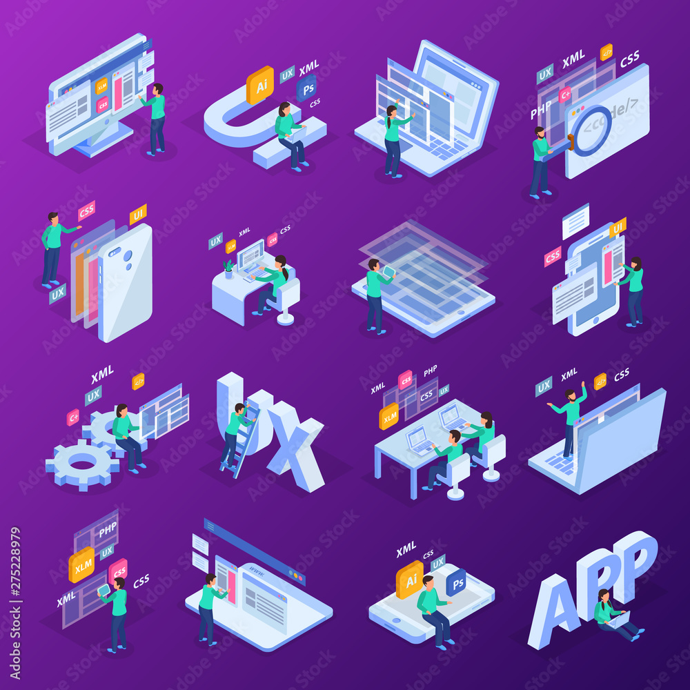 Web Development Isometric Concept Icon Set Stock Vector | Adobe Stock