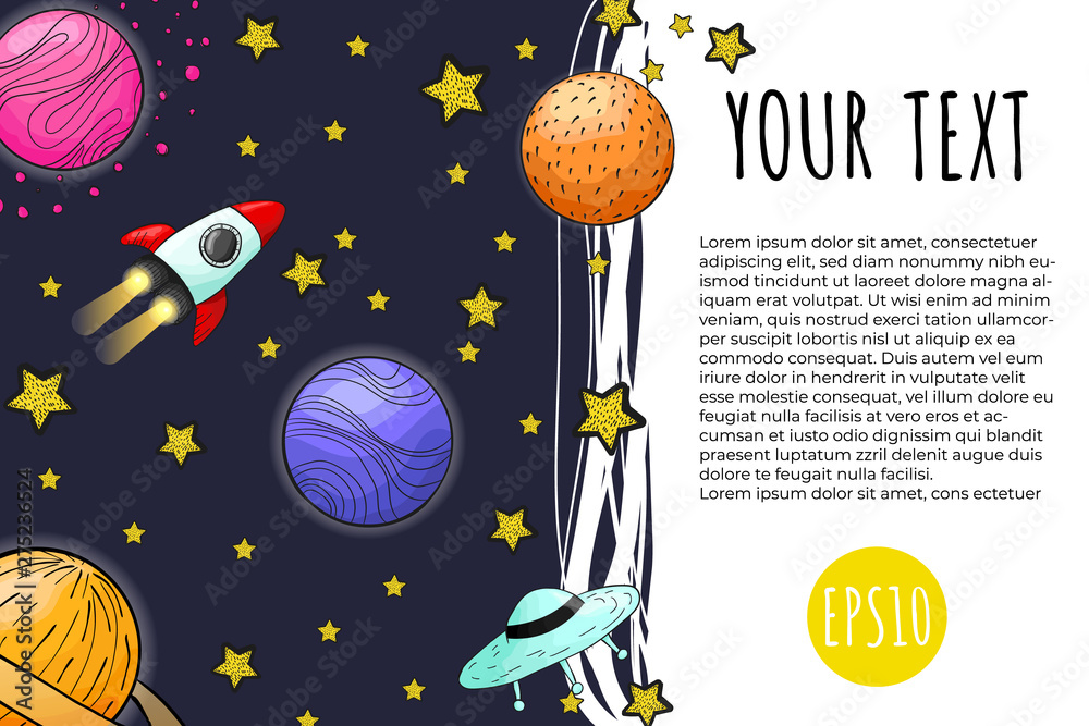 Vector template layout with hand draw illustration of planets, moons ...