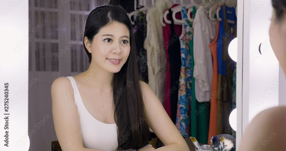 beautiful young woman model practicing attractive smile looking in ...