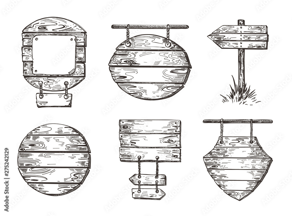 Set of wooden signs. Sketch graphics. Boardwalk backgrounds. Vector ...