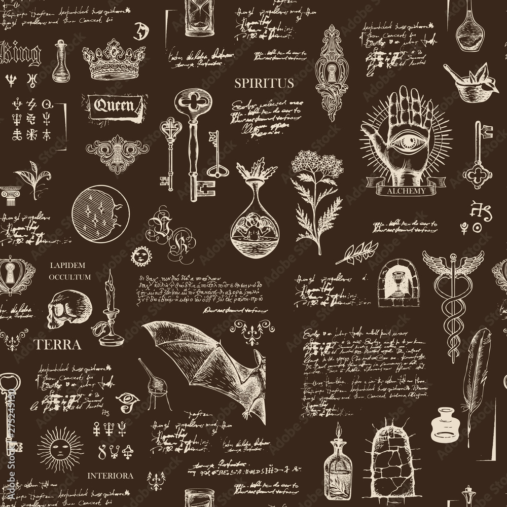Vector seamless pattern in vintage style on theme of alchemy, magic ...