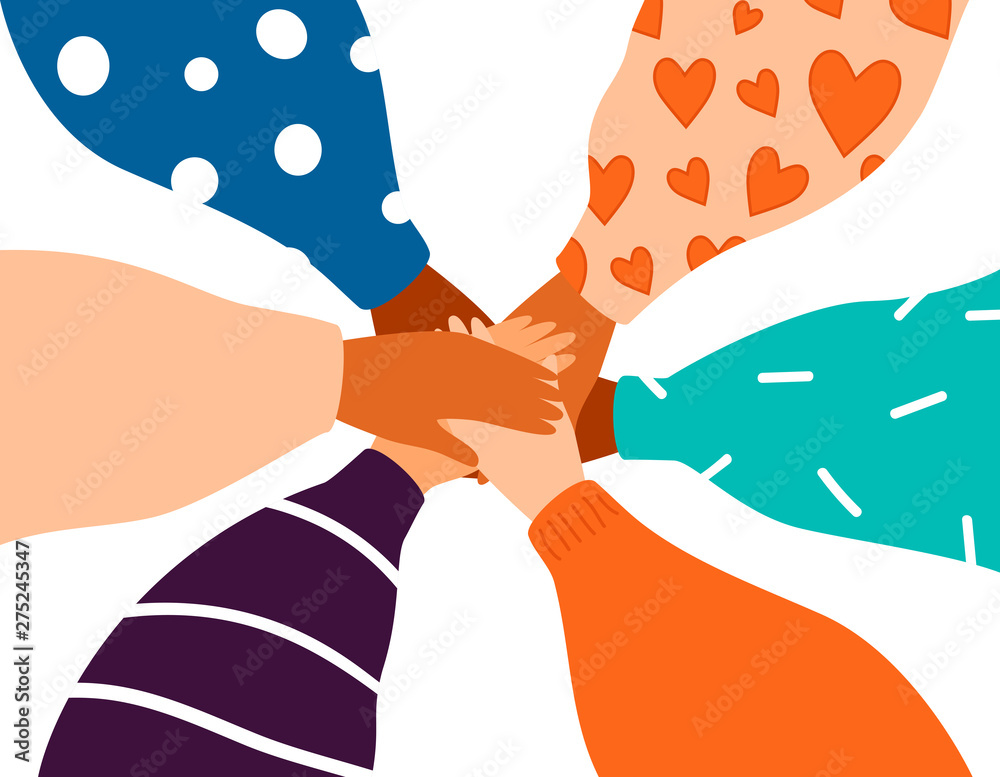 Six female hands support each other, concept of teamwork, women power ...