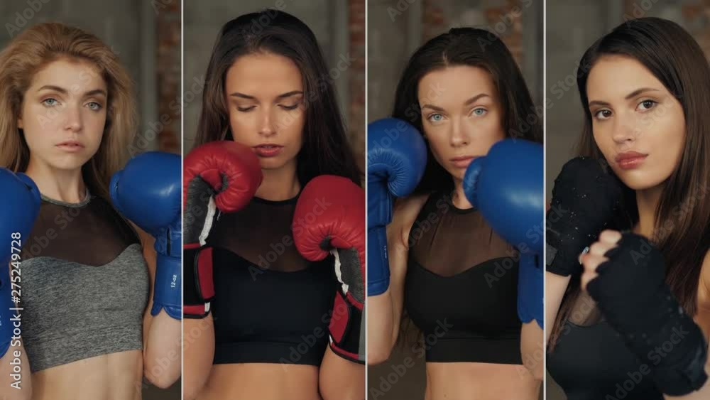 Collage portrait, group of sport woman boxers in gloves, stay in ready ...