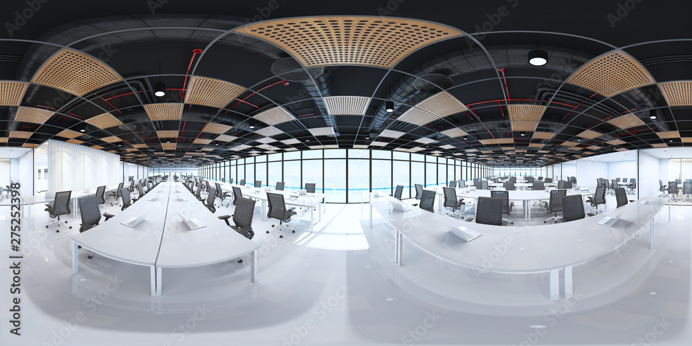 Workplaces in a modern panoramic office,Panorama of office with sea ...