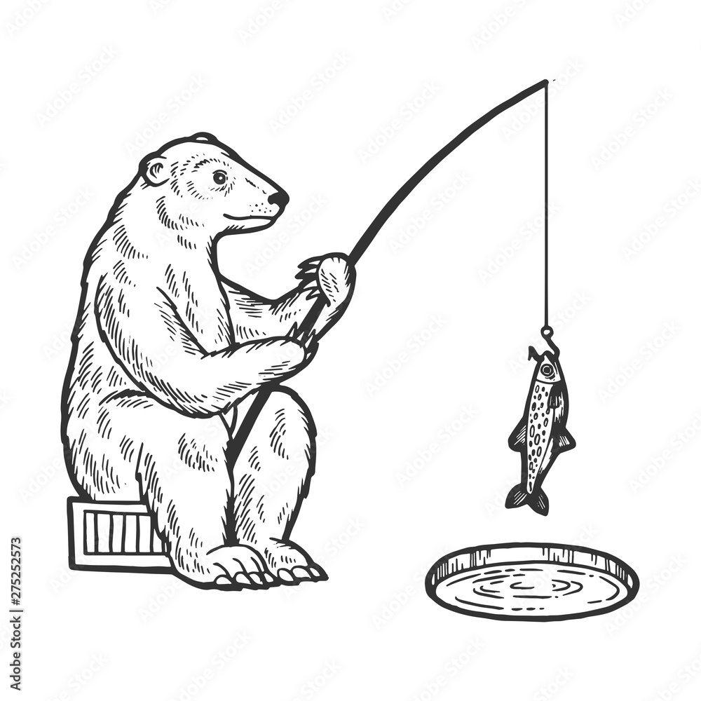 Polar Bear fishing with fishing rod in hole in ice sketch engraving ...