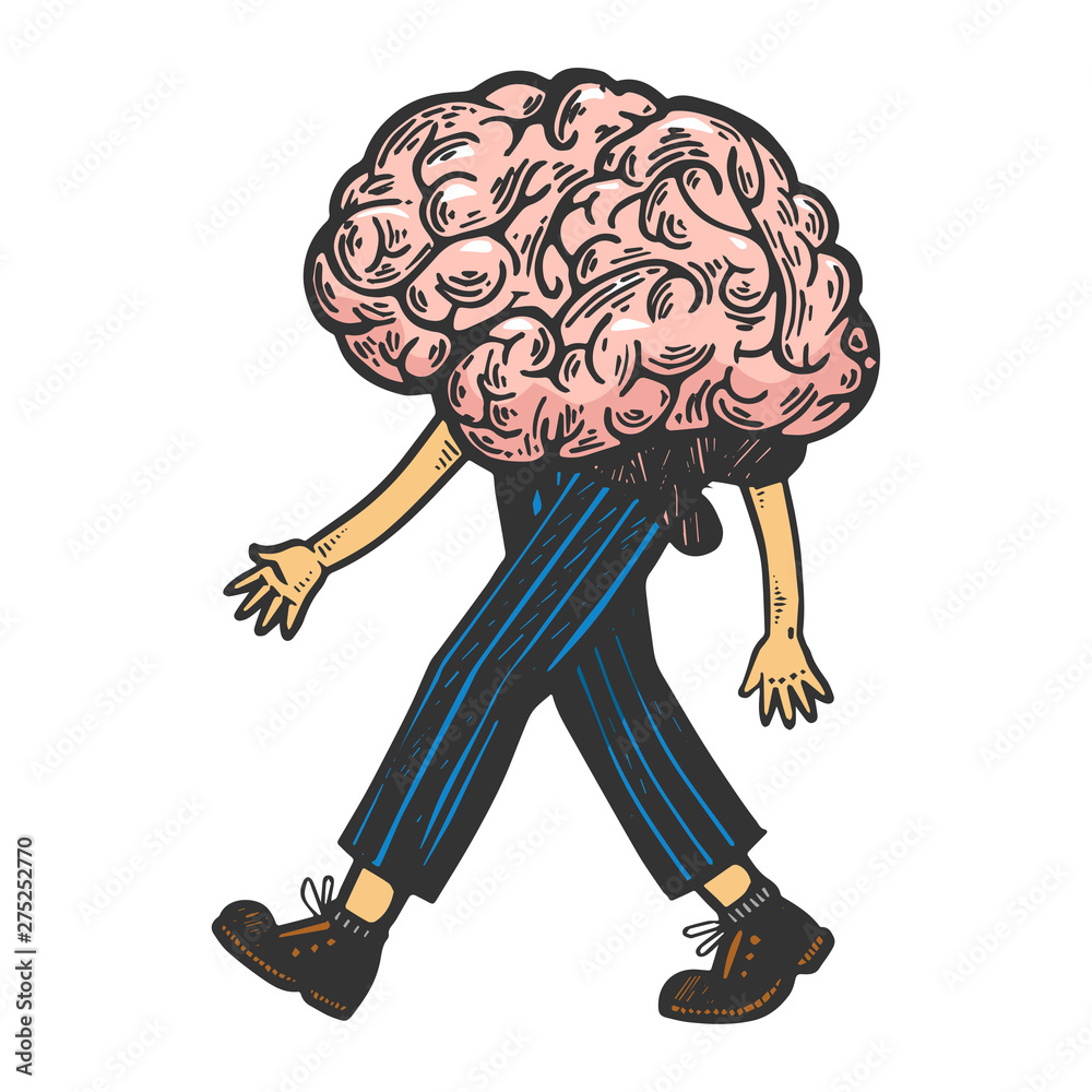 Human brain walks on its feet color sketch engraving vector ...