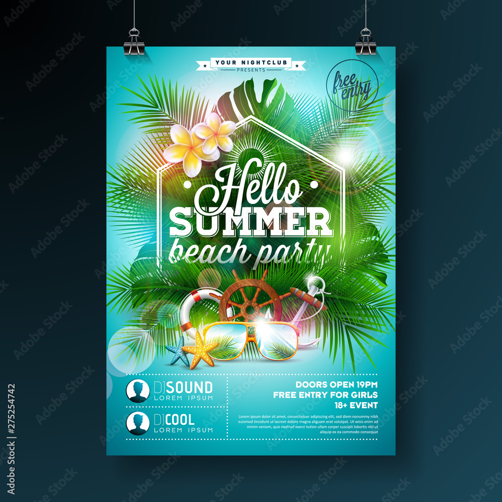 Summer Beach Party Flyer Design with flower, lifebelt and sunglasses on ...