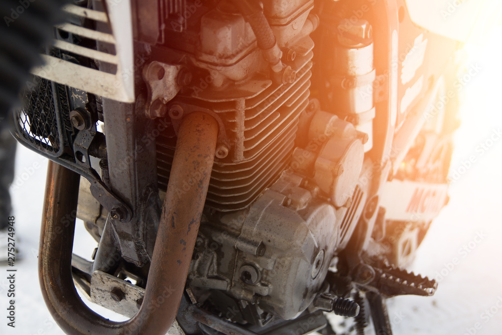 dirty motorcycle engine in oil lubrication. cylinder Details on a ...