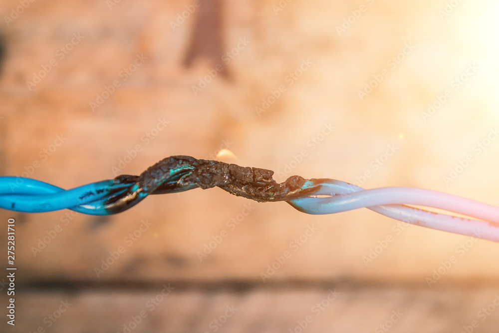 Short circuit, burnt cable. Fire. fault condition. defect Stock Photo ...