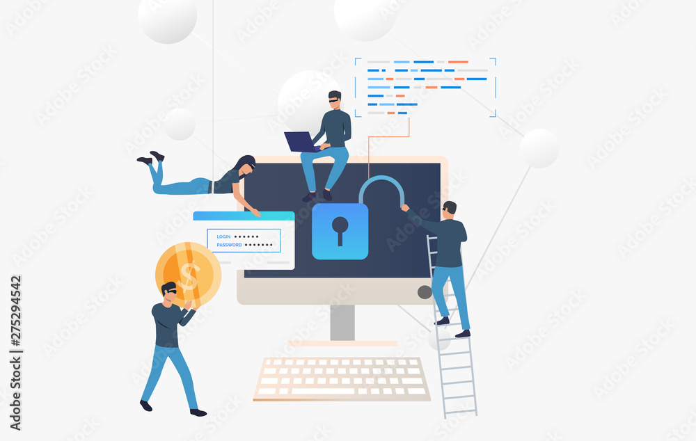 Cyber criminals hacking into bank account. Cartoon hackers opening lock ...