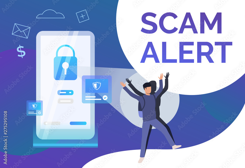 Scam alert poster template. Hacker keeping hands up. Cybercrime failure ...