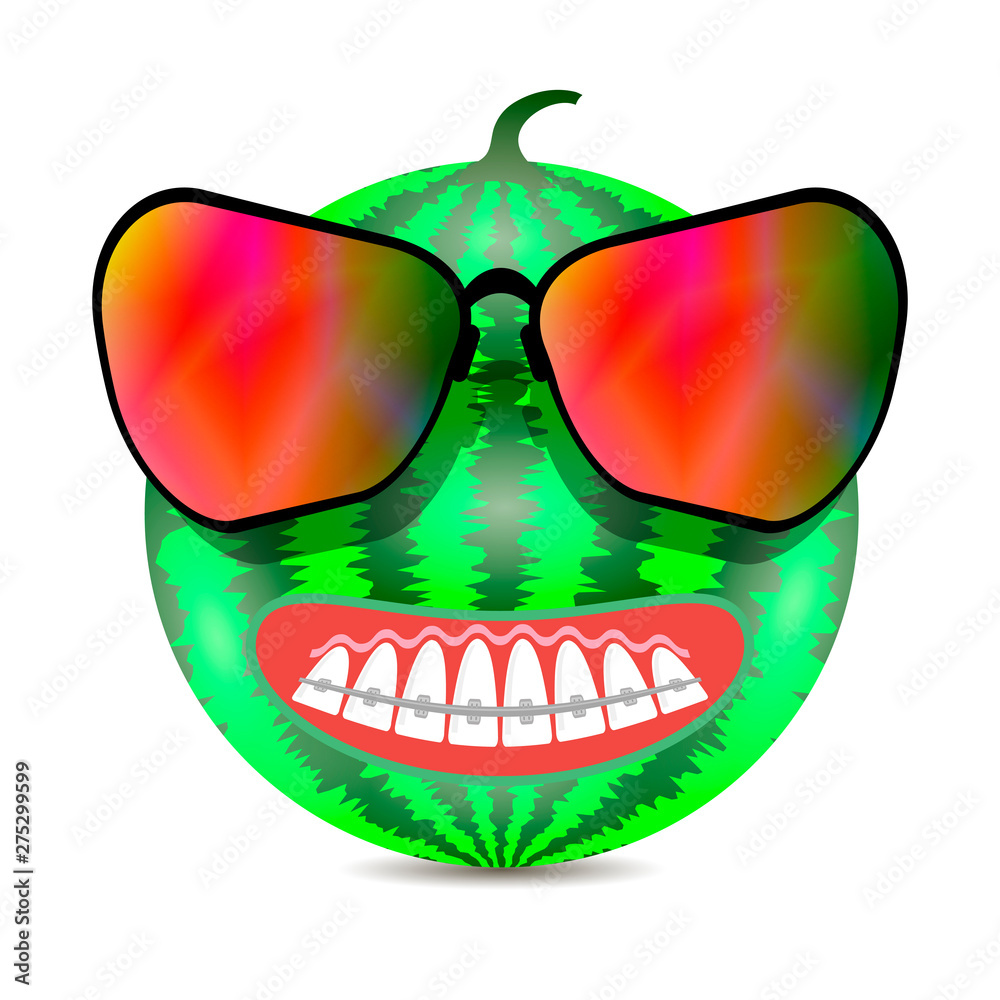 Cartoon Watermelon Icon with Sunglasses and Braces Theeth Isolated on ...