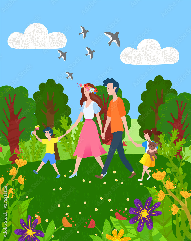 Mother, father son and daughter walking together in green summer forest ...