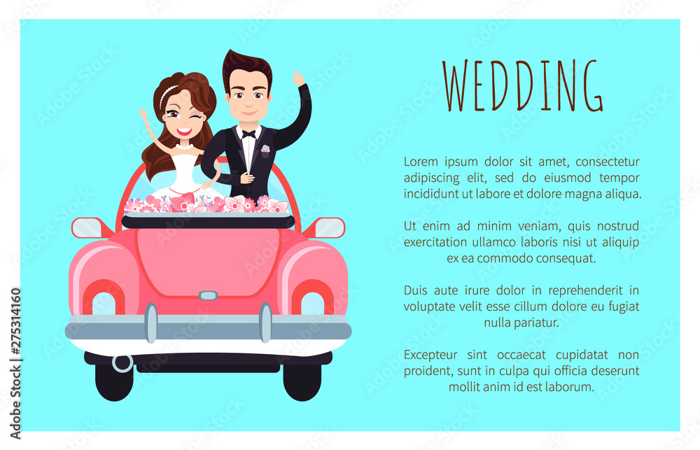 Wedding poster with happy couple greeting everyone from pink cabriolet ...